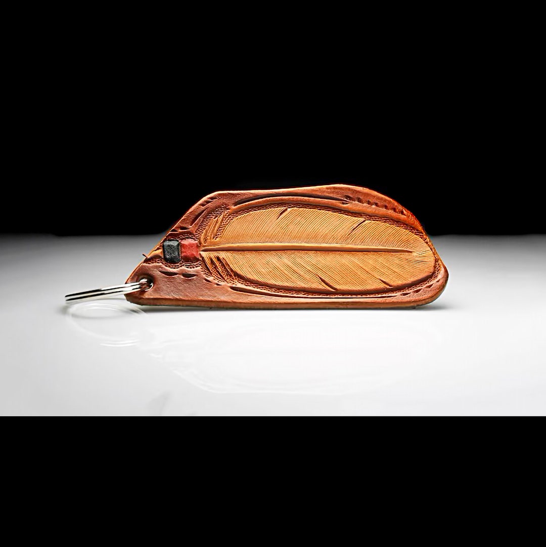 Leather Keychain, Hand Tooled Leather, Eagle Feather, Purse Accessory ...