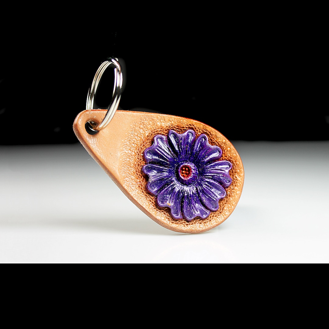 Hand Tooled Purple Flower Leather Keychain - Etsy