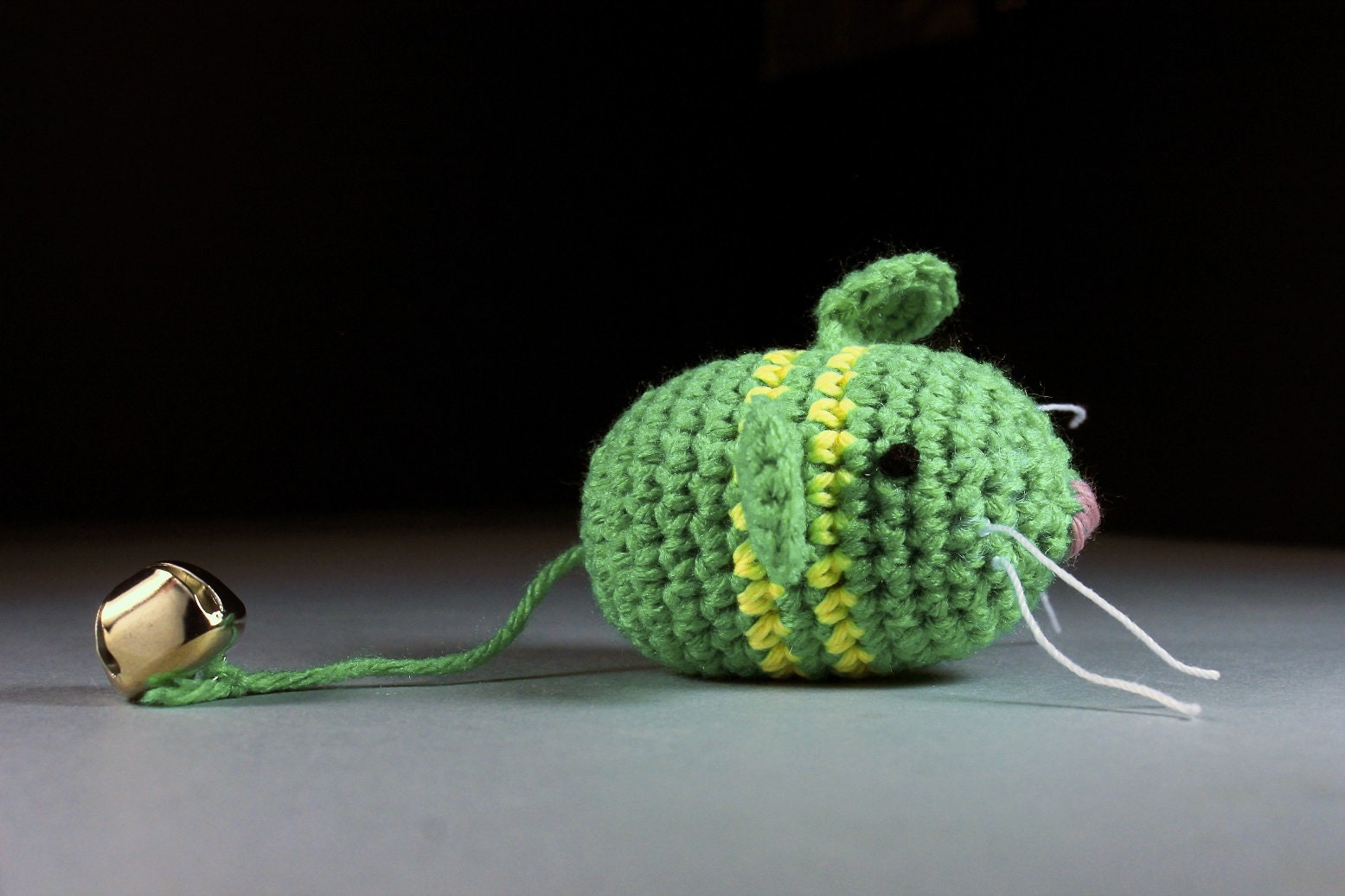 Catnip Toy Mouse, Mouse With Bell, Green with Yellow Stripes, Crocheted ...