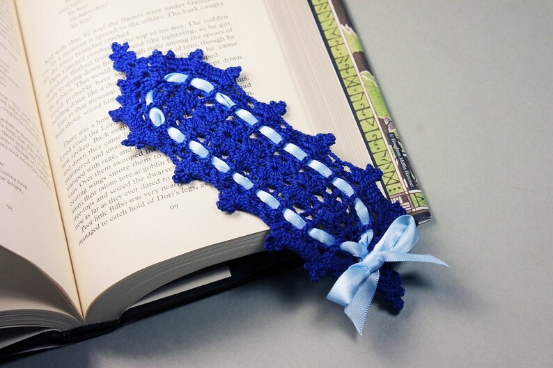 Crochet Lace Bookmark, Dark Blue With Light Blue Ribbon - Etsy