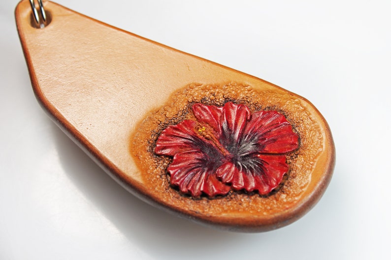 Hand Tooled Leather Hibiscus Keychain, Red Flower Key Fob - Etsy
