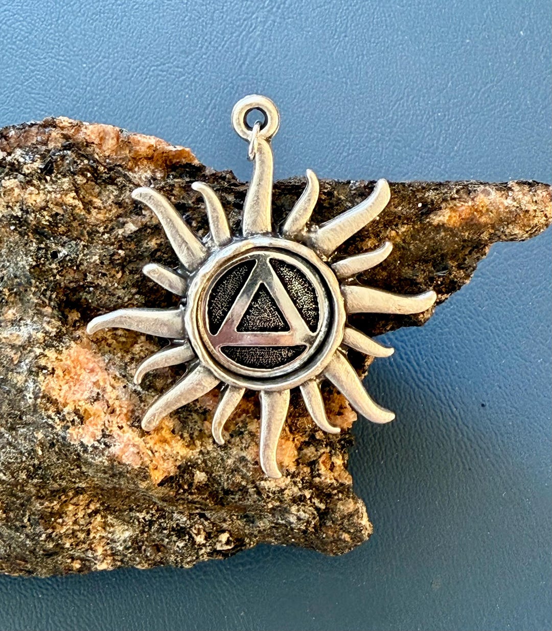 Recovery Symbol Pendant, Sun Shaped, Antiqued Silver, Silver Plated ...