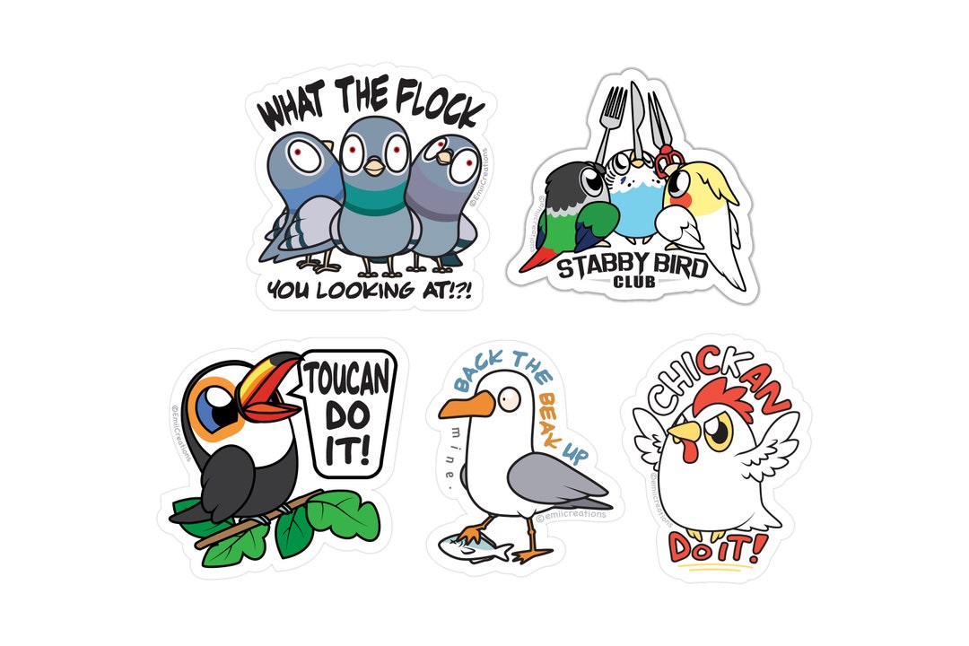 Cute Talking Bird Stickers, Punny Toucan, Pigeon, Chicken, Seagull ...
