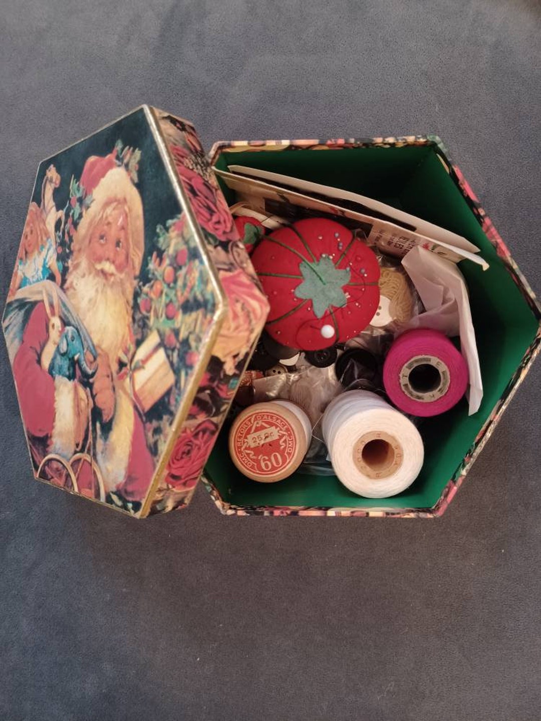 Vintage Thread, Pin Cushion, Buttons in Christmas Box - Etsy