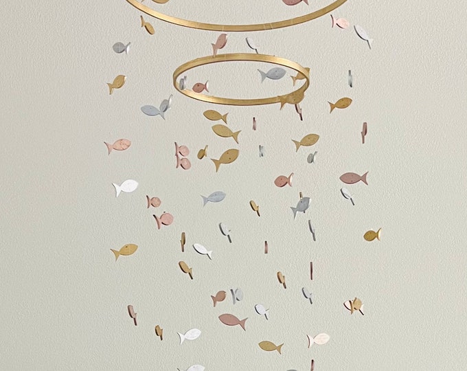 Big Natural Wood Multicolored Fishing Mobile, Marine Crib Mobile ...