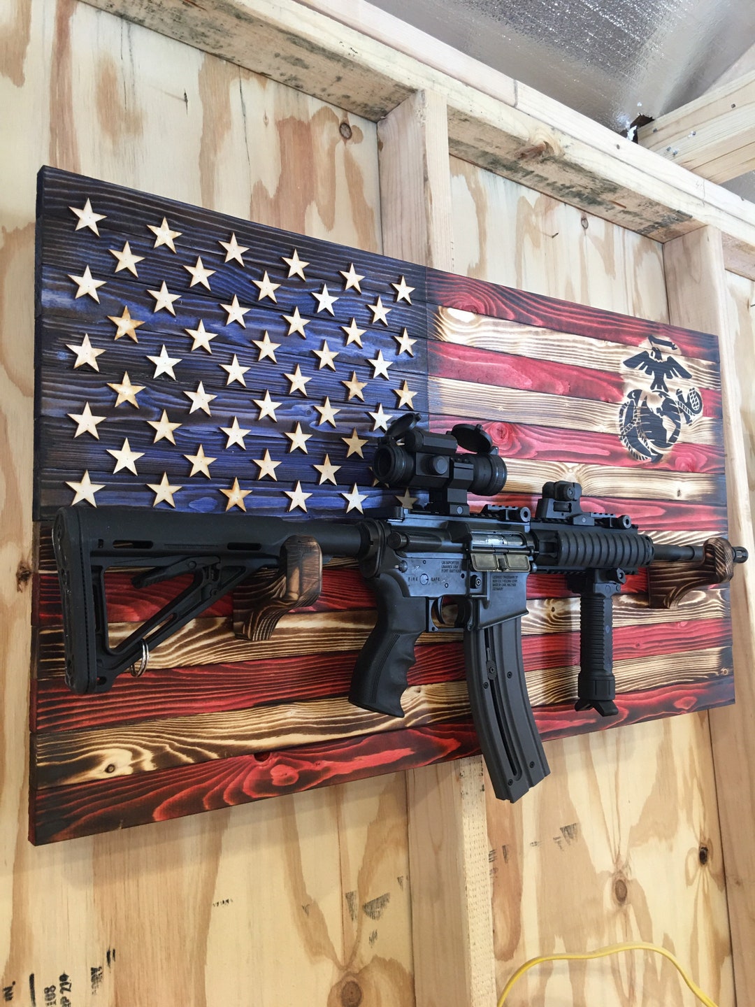 Rustic American Flag Gun Rack. Compound Bow Rack With Military Logo ...