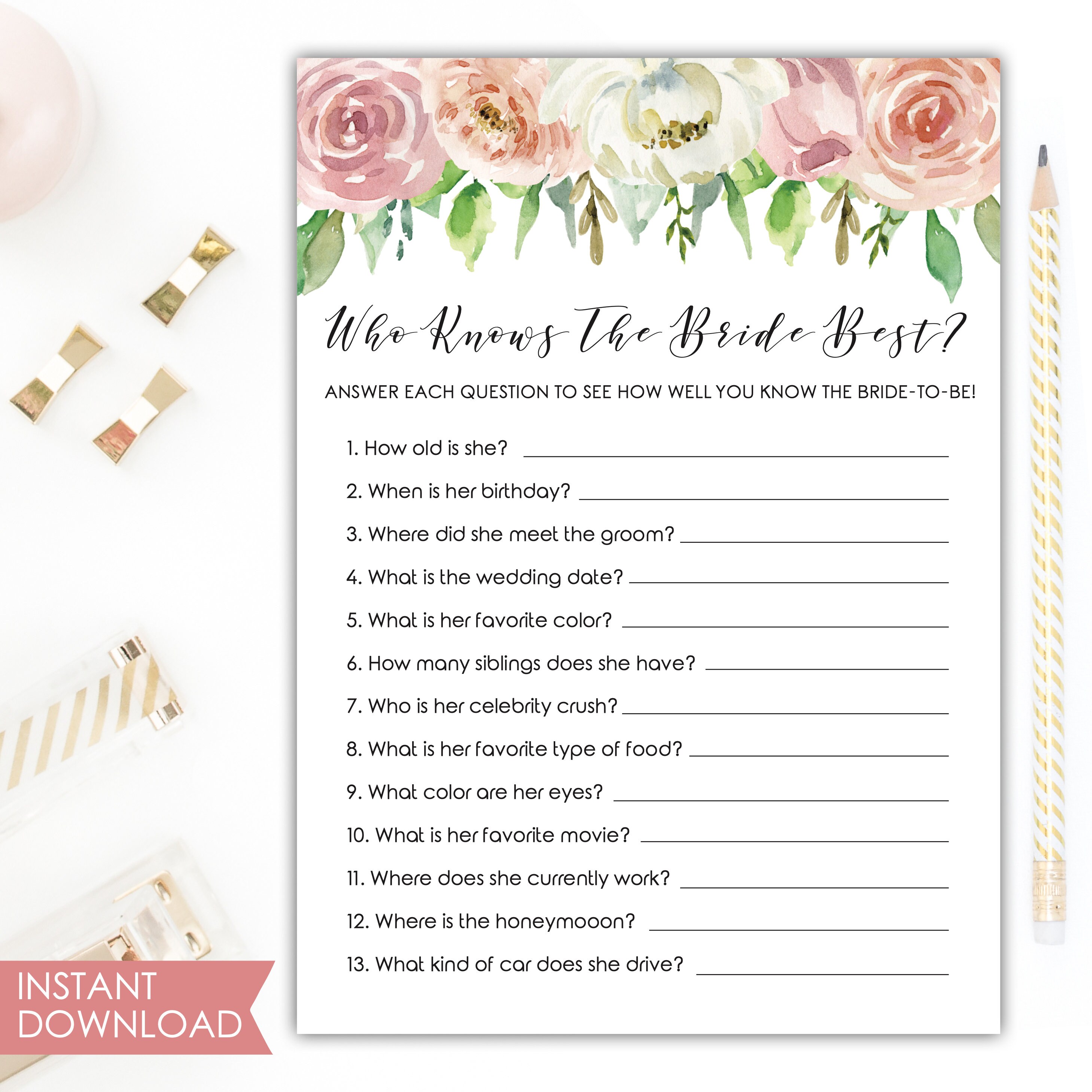 Printable Bridal Shower Game Who Knows the Bride Best - Etsy Canada