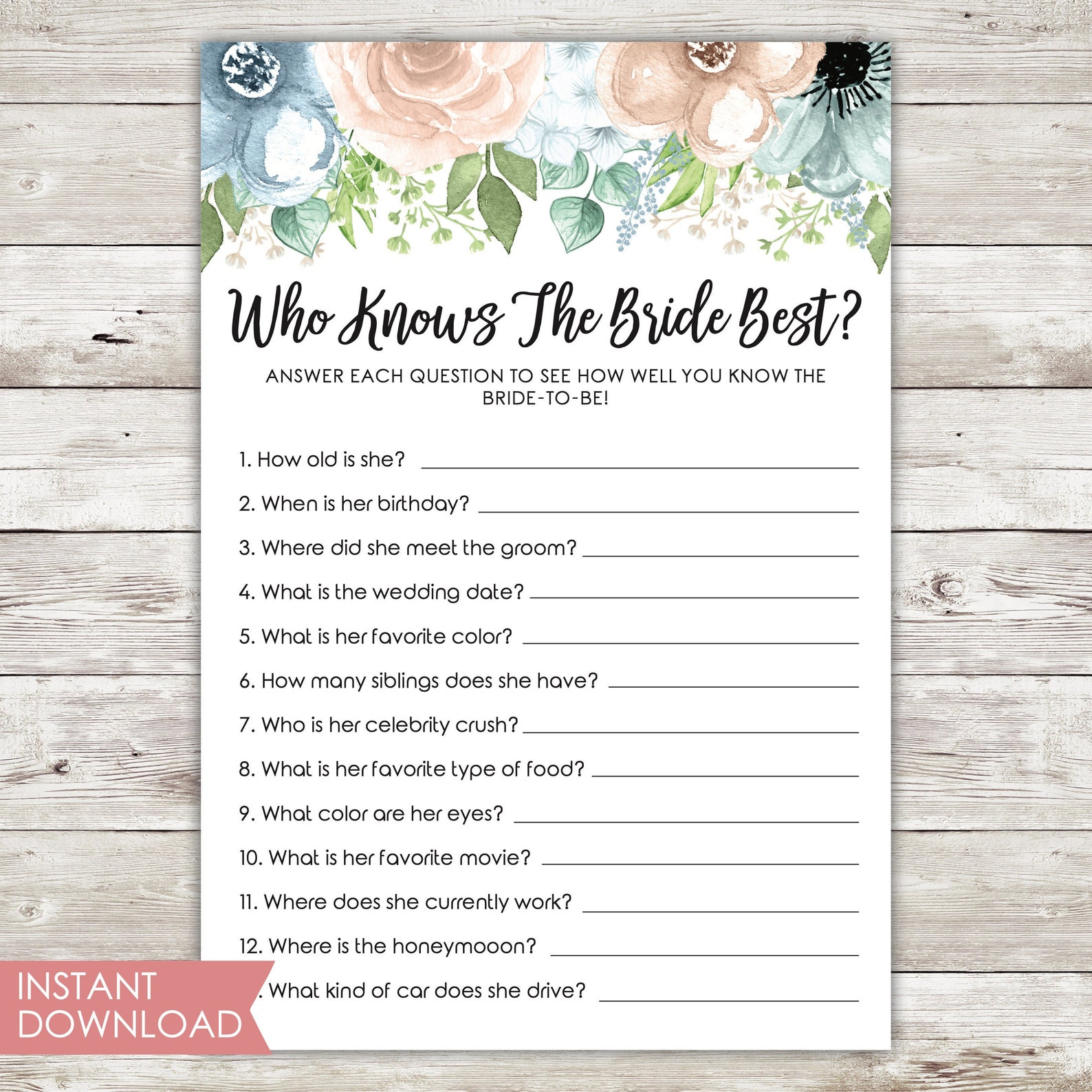 Printable Bridal Shower Game Who Knows the Bride Best - Etsy Canada