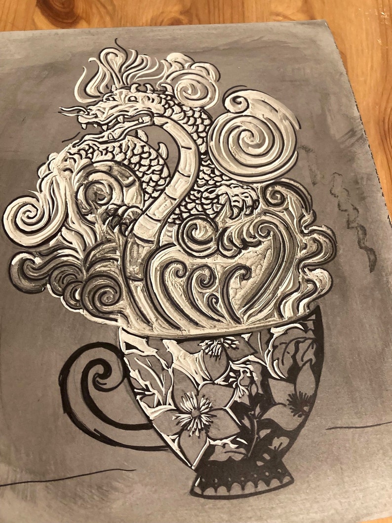 Handmade Linocut Block Print "dragon Tea" - Etsy
