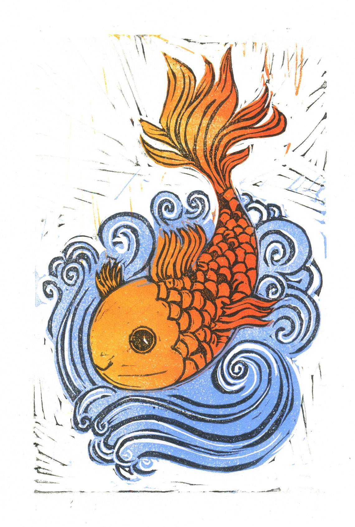 Hand Carved Block Print of Koi Fish and Waves - Etsy