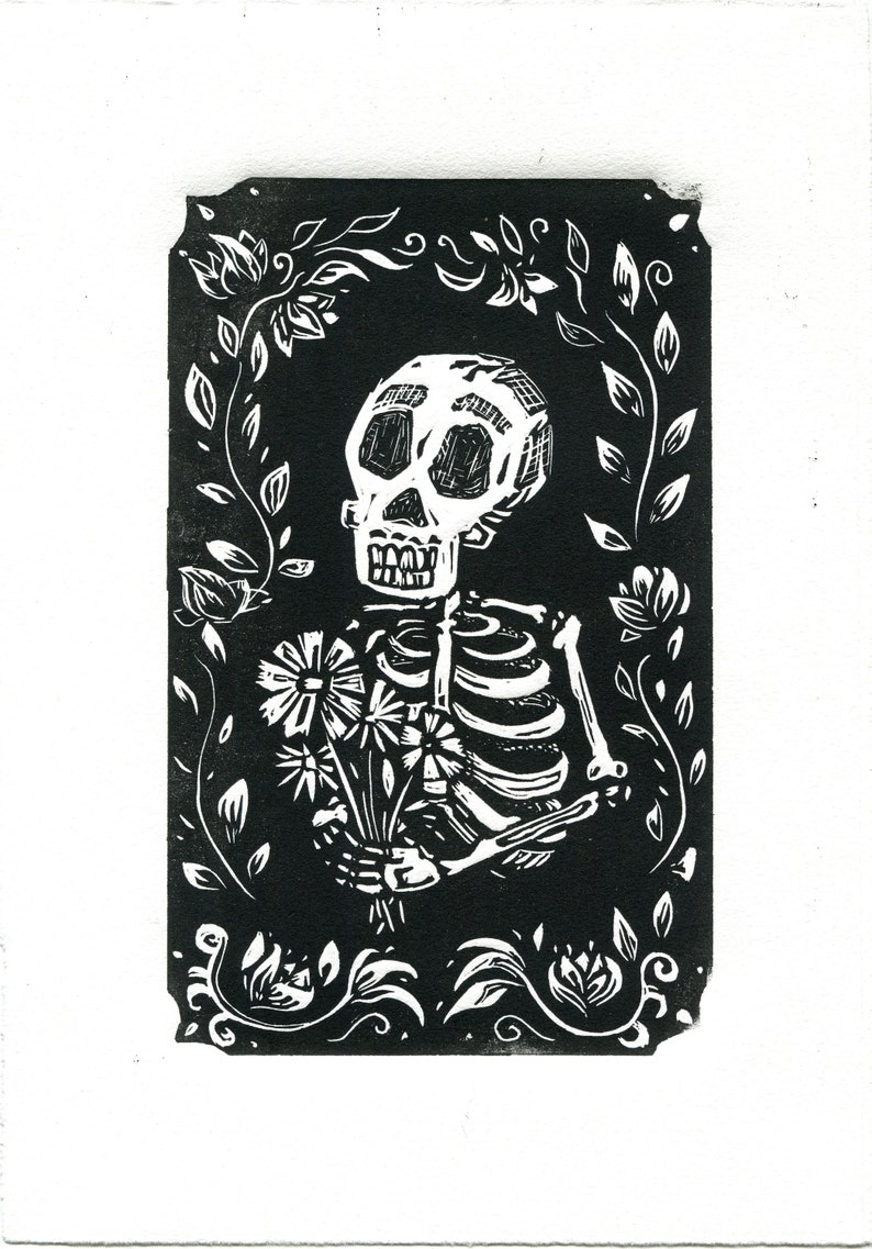 Skeleton With Flowers Linocut Print - Etsy
