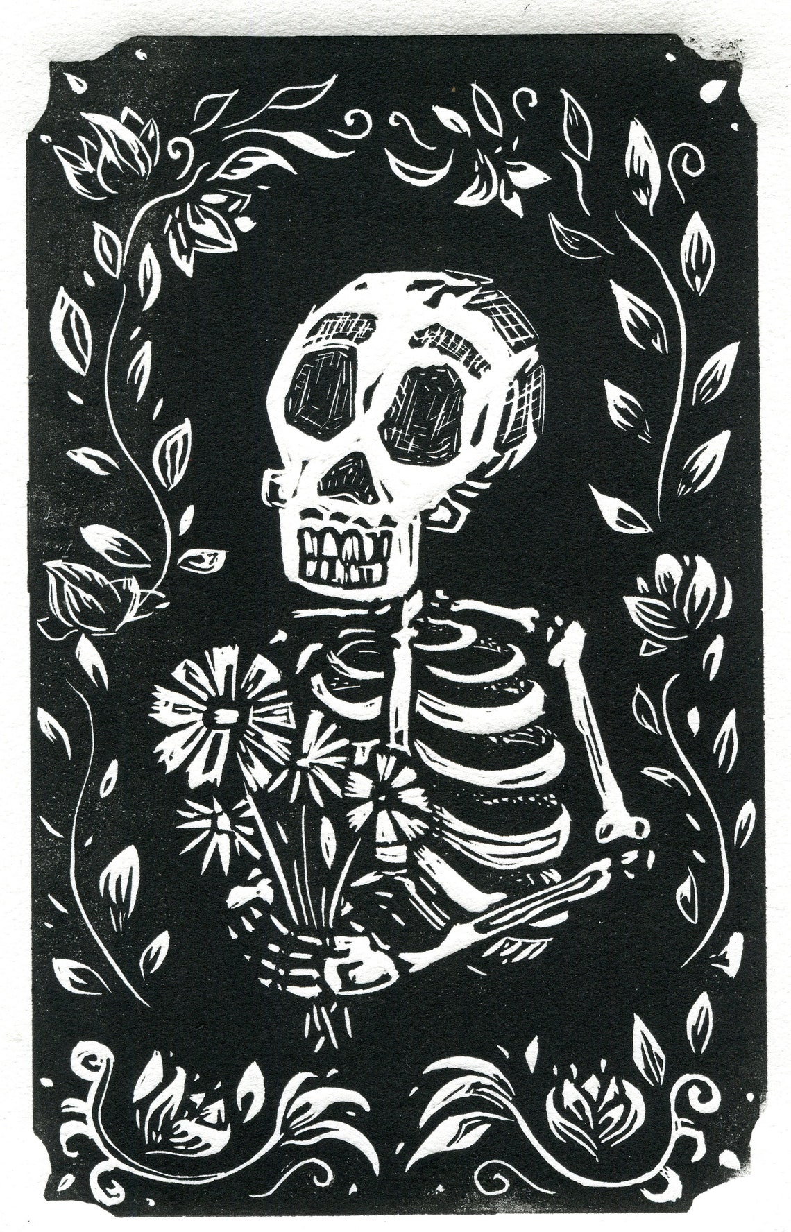 Skeleton With Flowers Linocut Print - Etsy