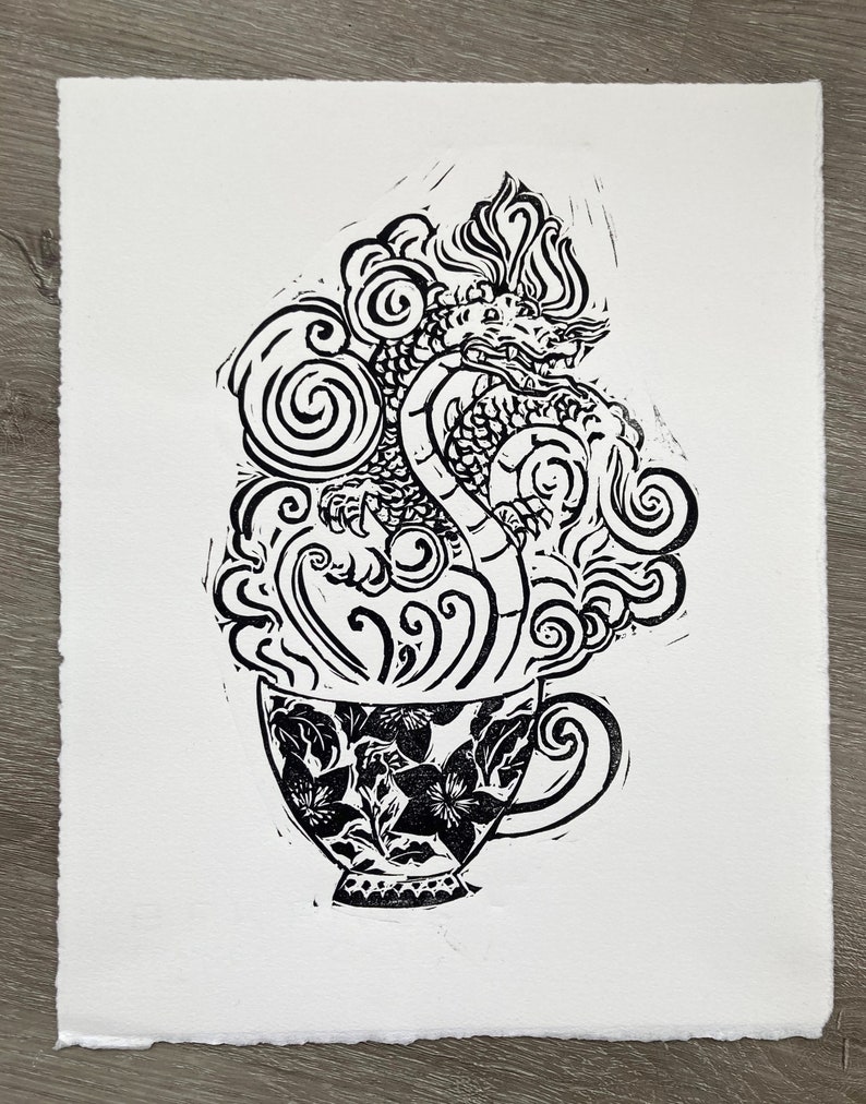 Handmade Linocut Block Print "dragon Tea" - Etsy