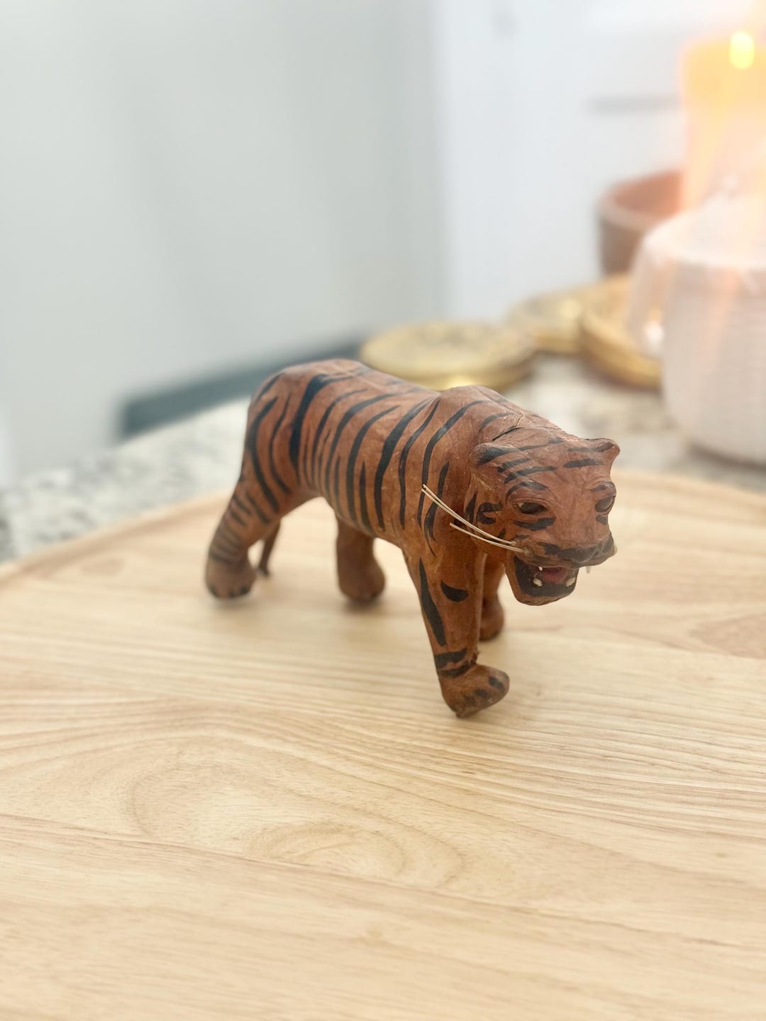 Vintage Leather-wrapped Paper Mâché Tiger – Handcrafted Jungle Cat ...