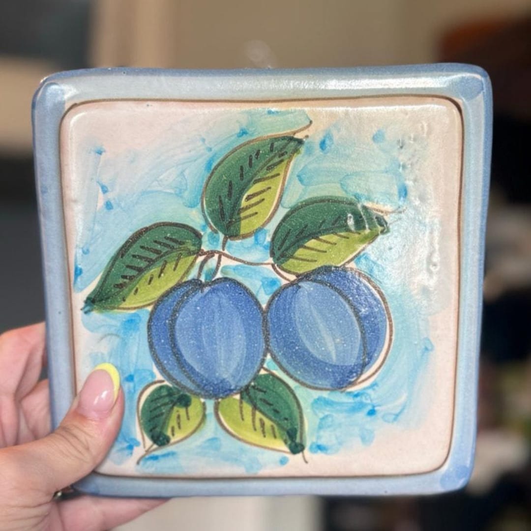 Hand-painted Italian Ceramic Wall Tile With Blue Fruit Design ...