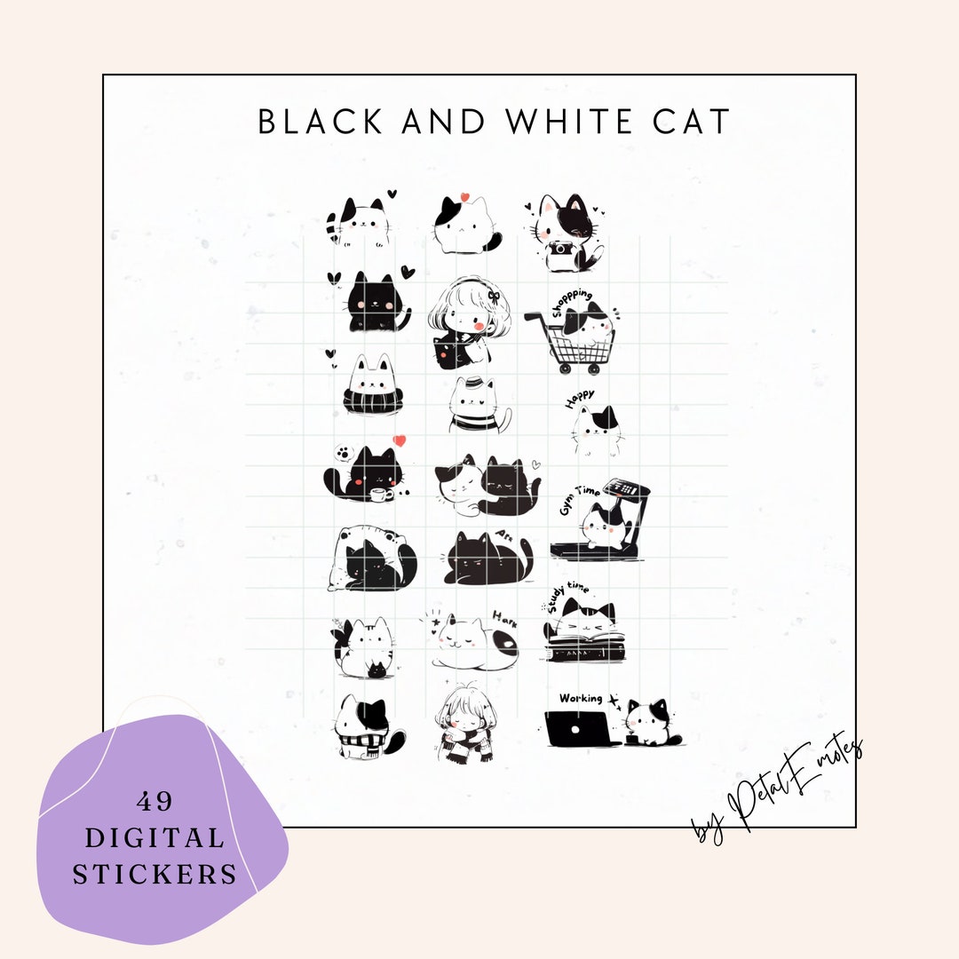 Black and White Cat Digital Sticker Sets Suitable for Goodnotes ...