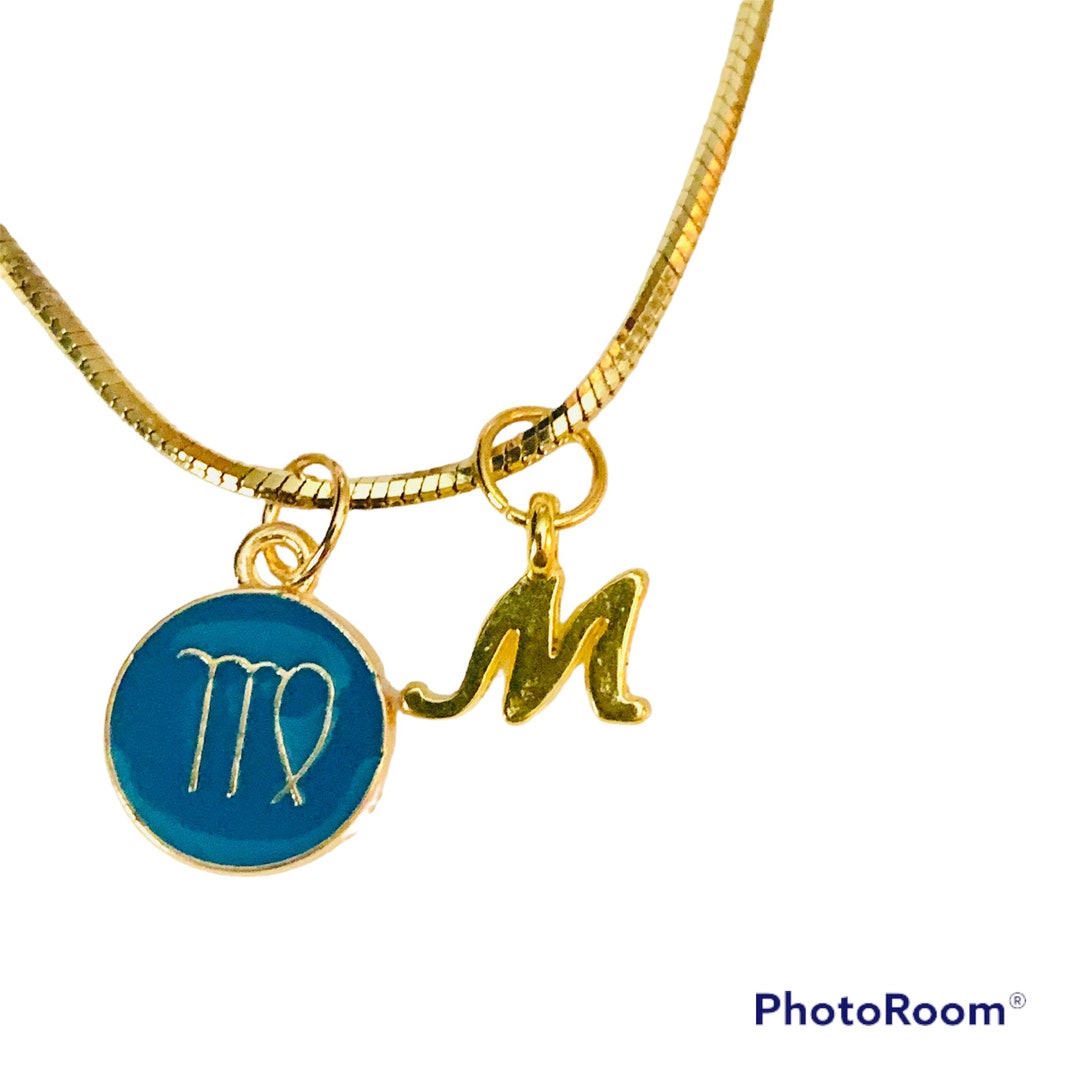 Virgo Teal Enamel Double Sided Zodiac Theme and Add a Custom Letter 18K ...