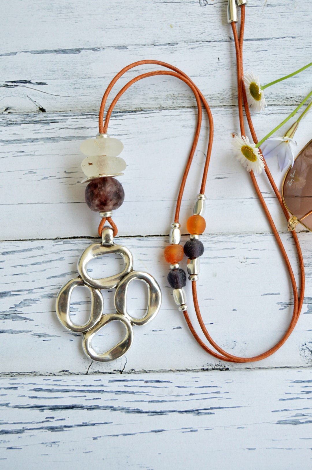 Long Pendant Silver Necklace for Women, Long Leather Necklace, Squiggle ...