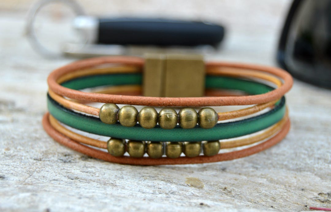 Green and Hazelnut Leather Bracelet Men With Beaded and Magnetic Clasp ...