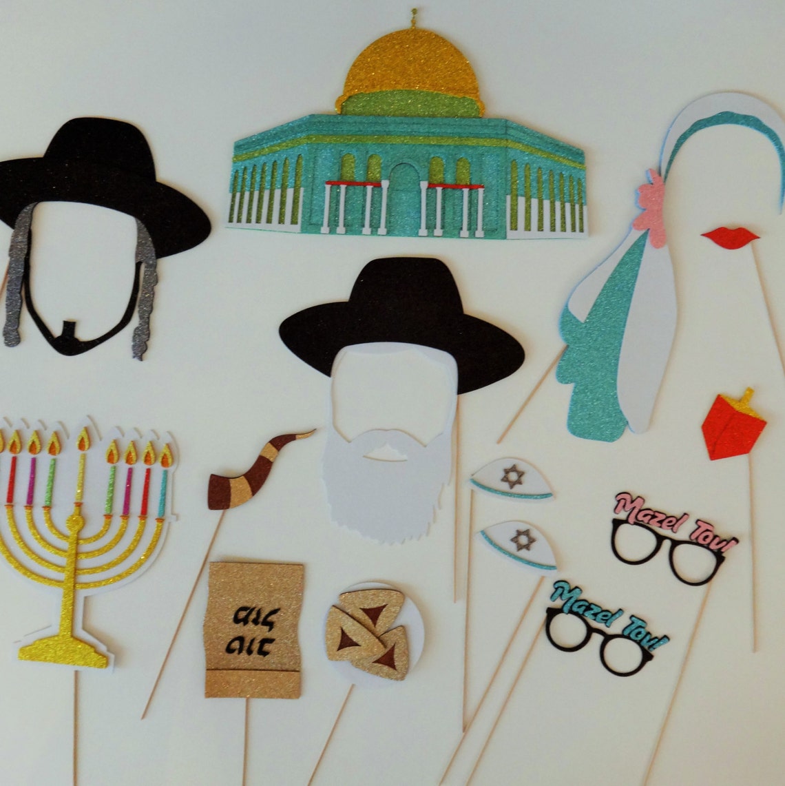 Jewish Photo Booth Props Mazal Tov Chai Life Menorah Beard Hat Torah ...