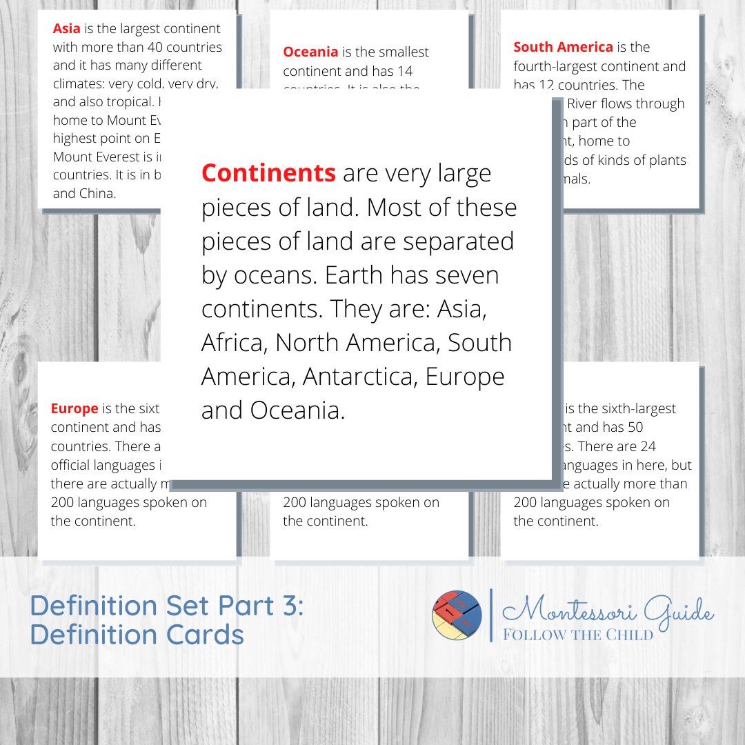 CONTINENTS Full 5 Part Montessori Definition Set - Etsy