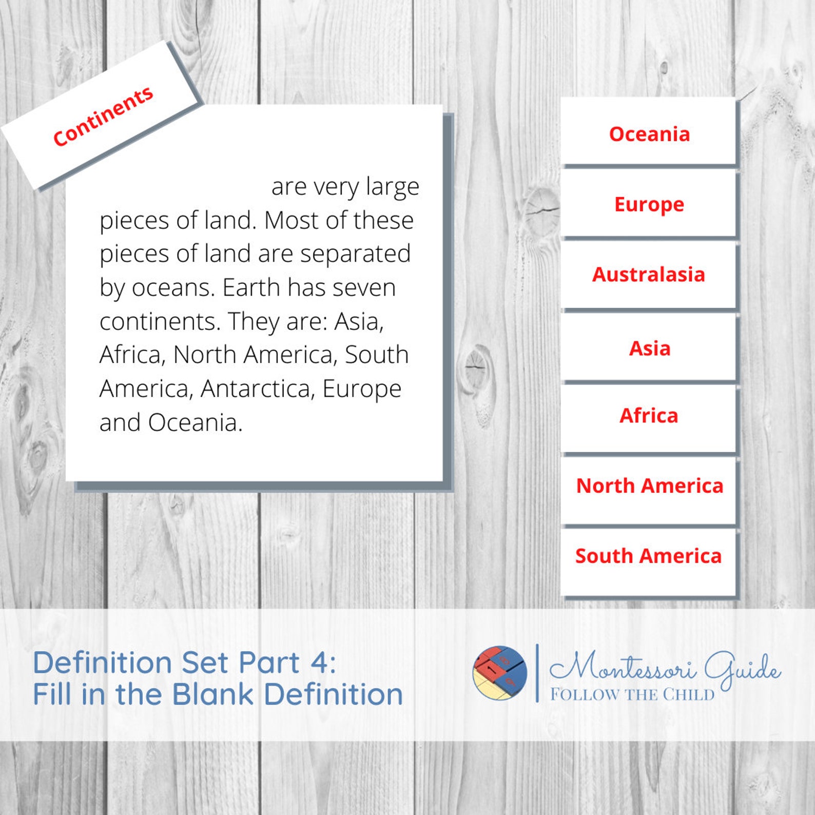 CONTINENTS Full 5 Part Montessori Definition Set - Etsy