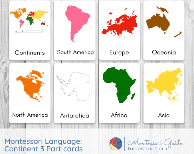 WORLD CONTINENTS • Montessori Cards • Flash Cards • Three Part Cards ...