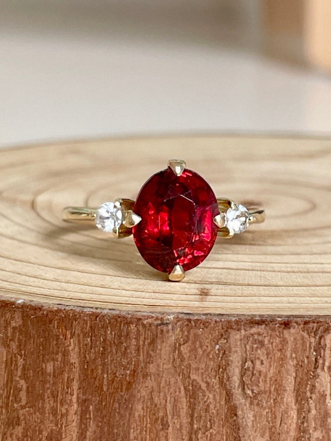 14K Solid Gold Natural Oval Red Garnet With White Sapphire Ring - Etsy