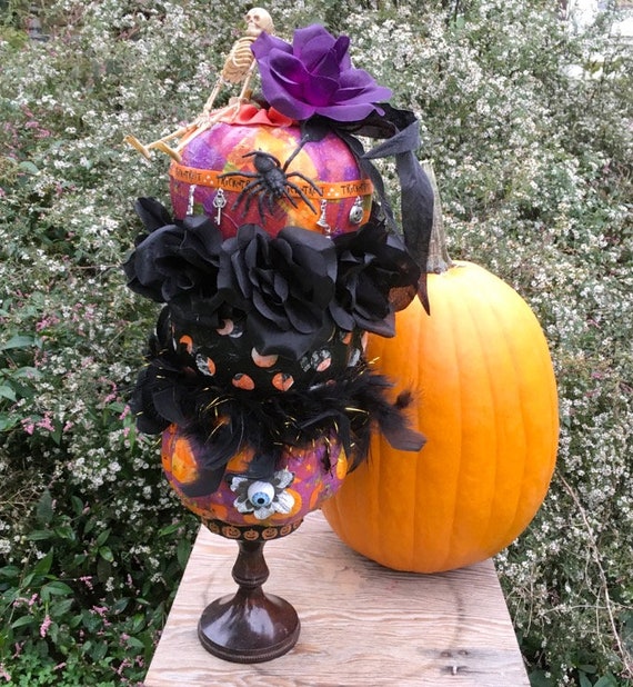 Topiary of 3 stacked decorated halloween holiday pumpkins | Etsy