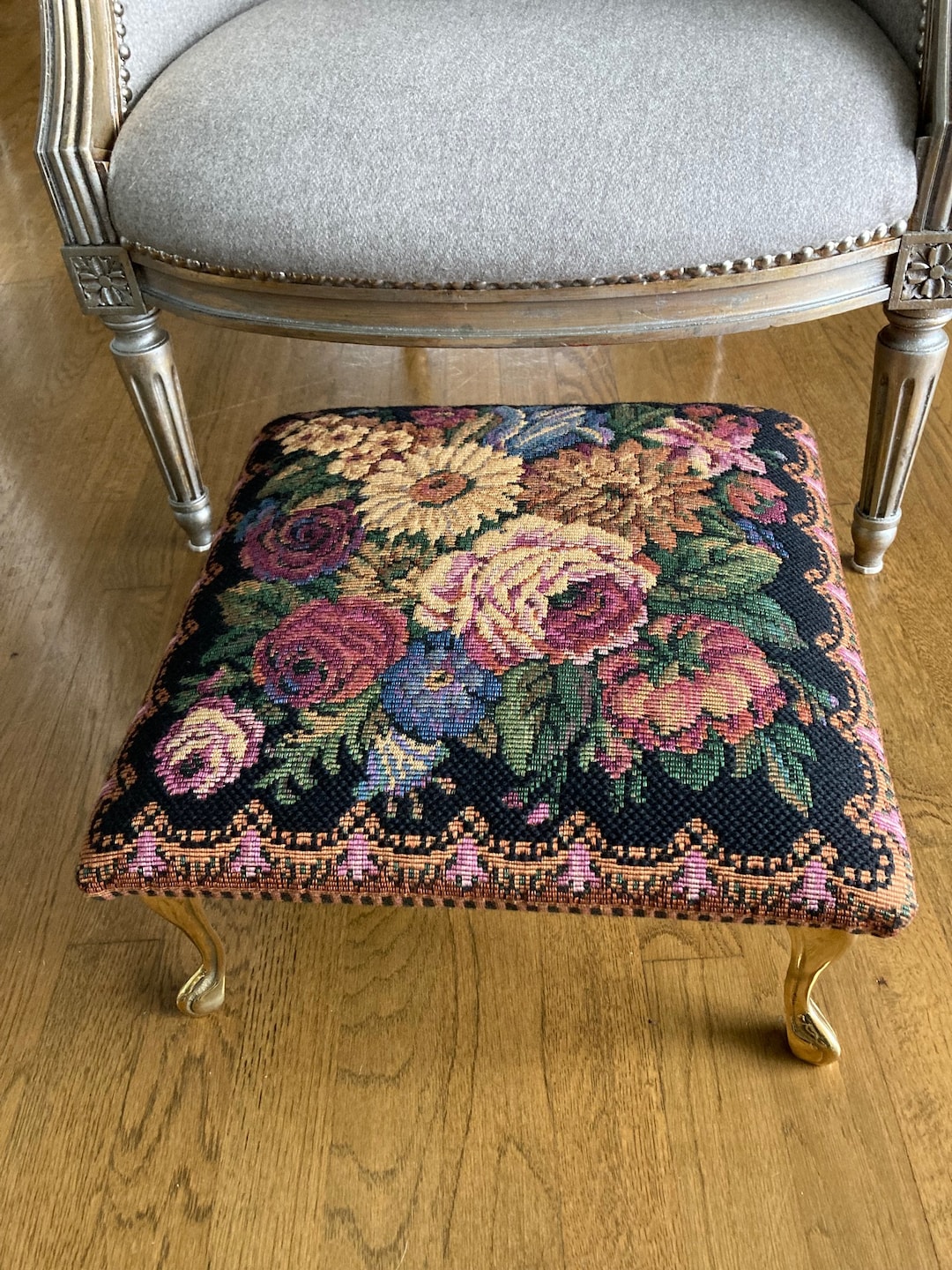 Hazel Footstool in Flora Filigree Design, Black With Multi Tones to ...