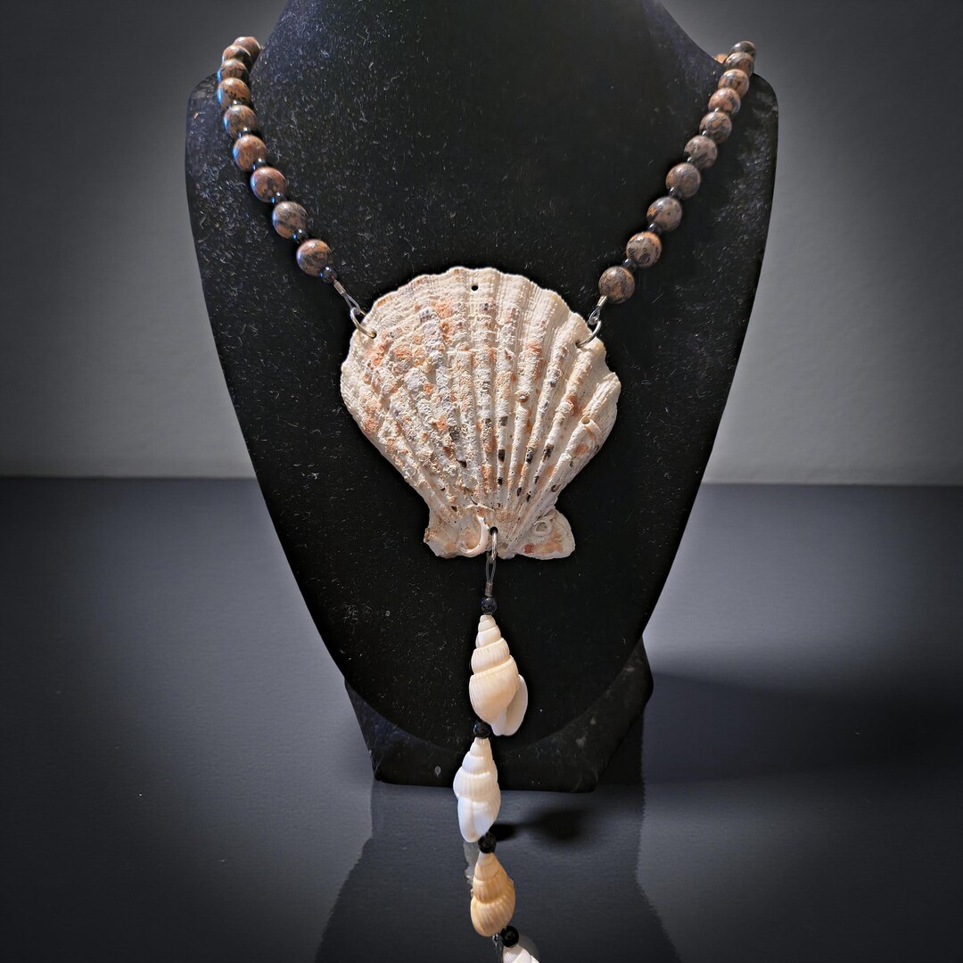 Scallop Shell Necklace: Repurposed Stone Beads, Black Glass Accents - Etsy