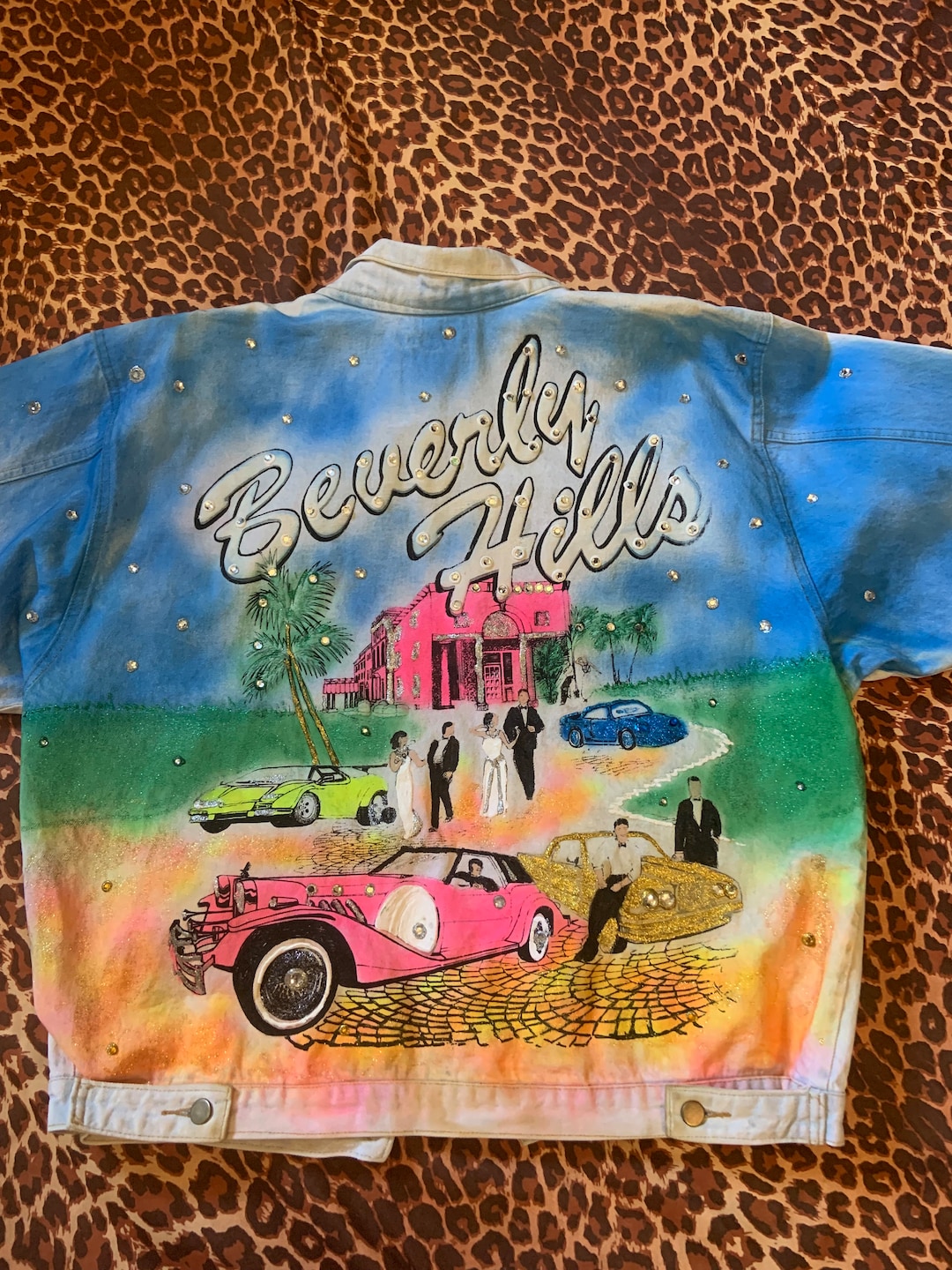Vintage Airbrush Rhinestone Embellished Denim Jean Jacket Beverly Hills ...