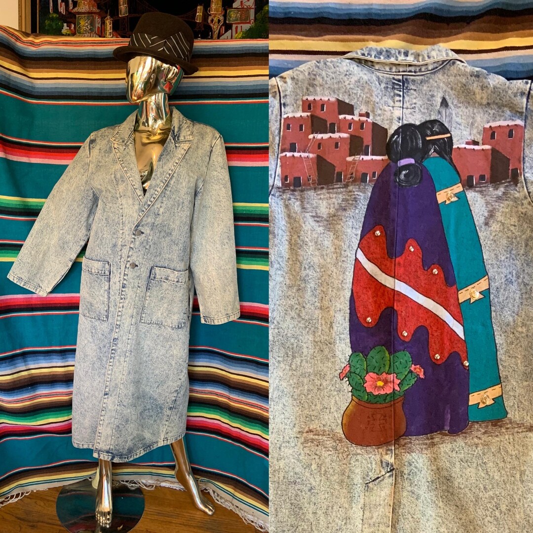 Vintage Denim Duster Indigenous Hand Painted Wearable Art Jean Jacket ...