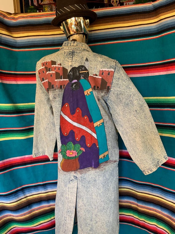 Vintage Denim Duster indigenous Hand Painted wearabl… - Gem