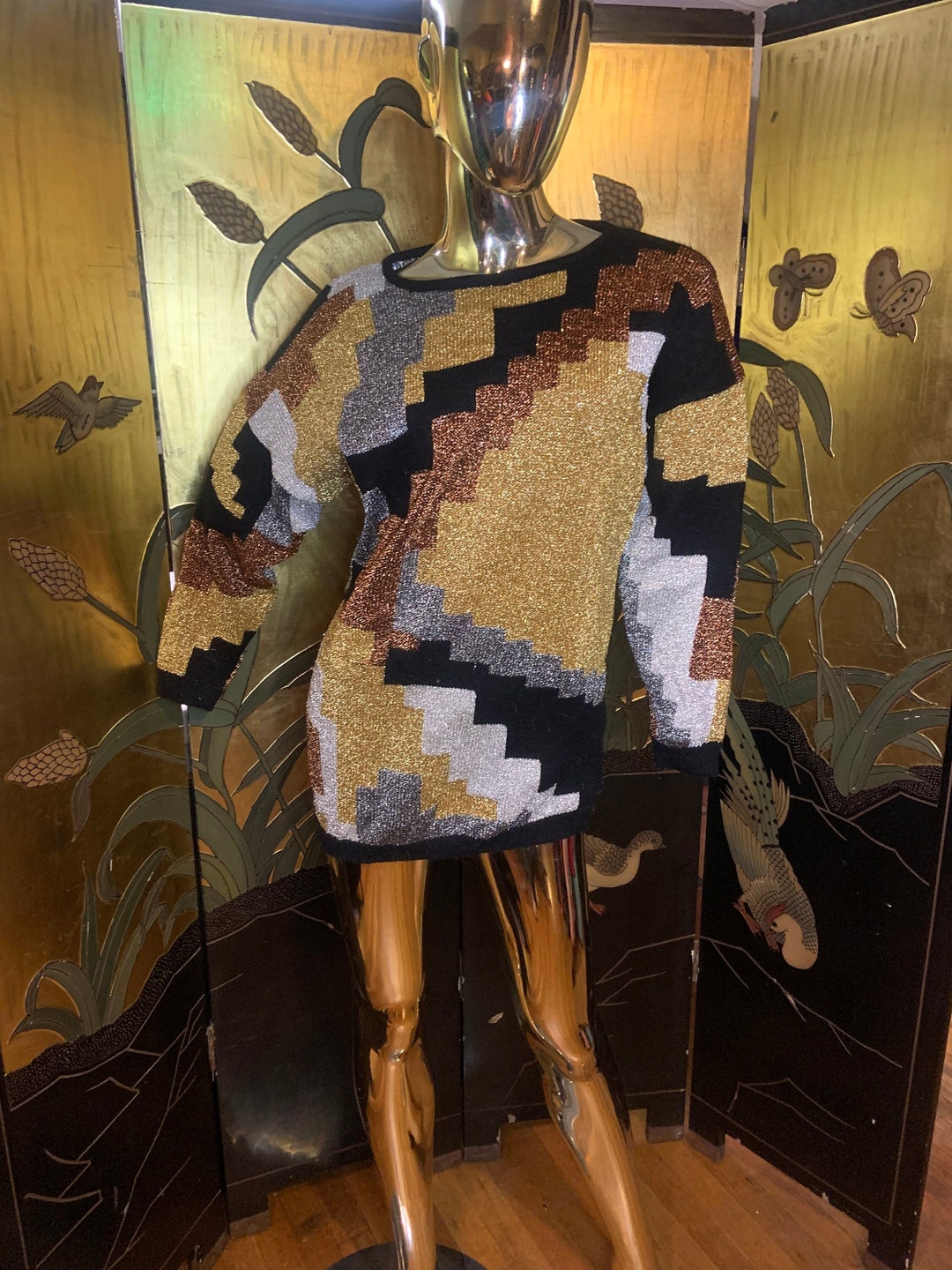 Vintage Metallic Silver Gold Bronze Lurex Color Block Sweater - Etsy