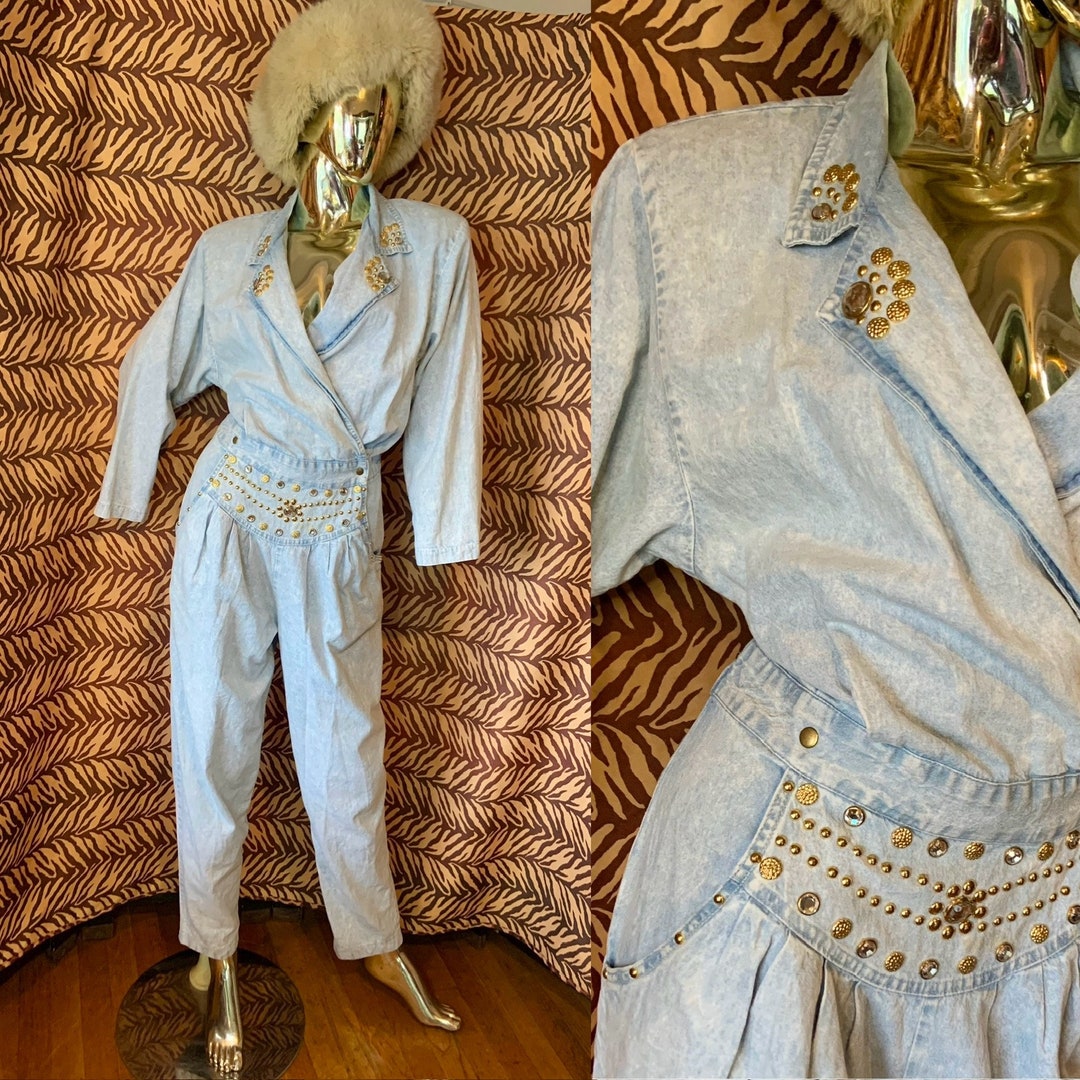 Vintage 80s Denim Jumpsuit Embellished Rhinestones Gold Studded - Etsy