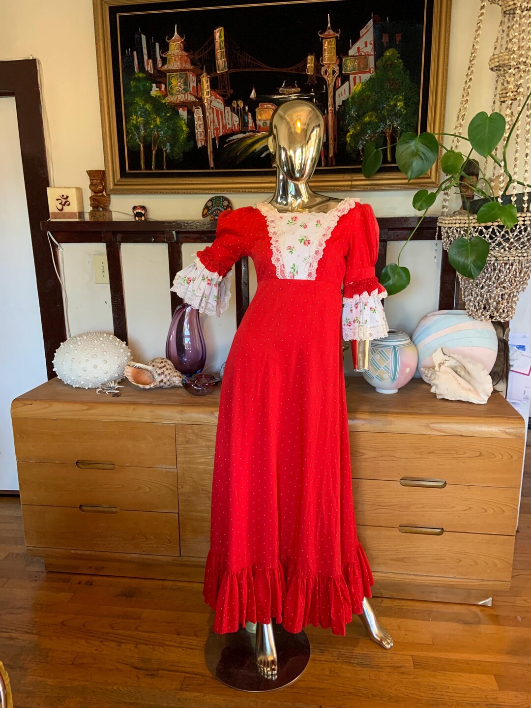 Vintage Red Maxi Puff Sleeve Red Prairie Dress - Etsy