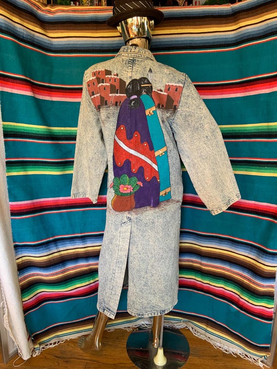 Vintage Denim Duster indigenous Hand Painted wearabl… - Gem