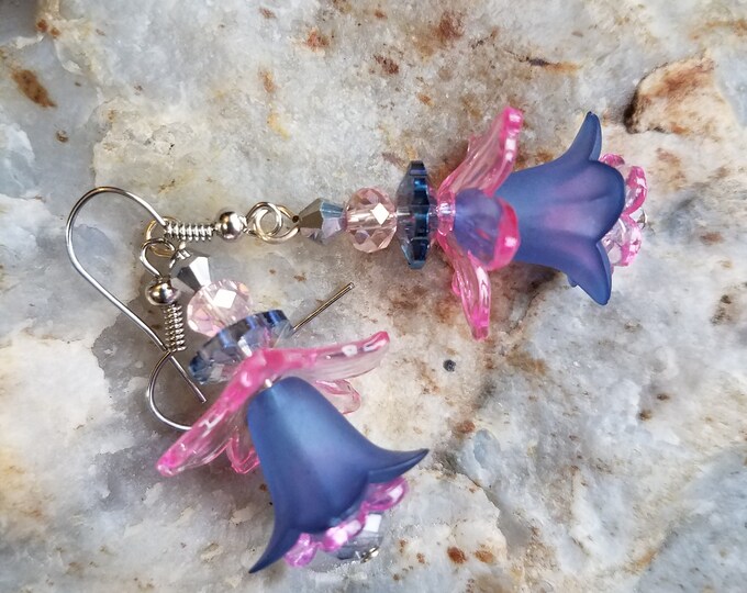 Deep Muted Blue and Pink Floral Shaped Lucite and Crystal Earrings - Etsy