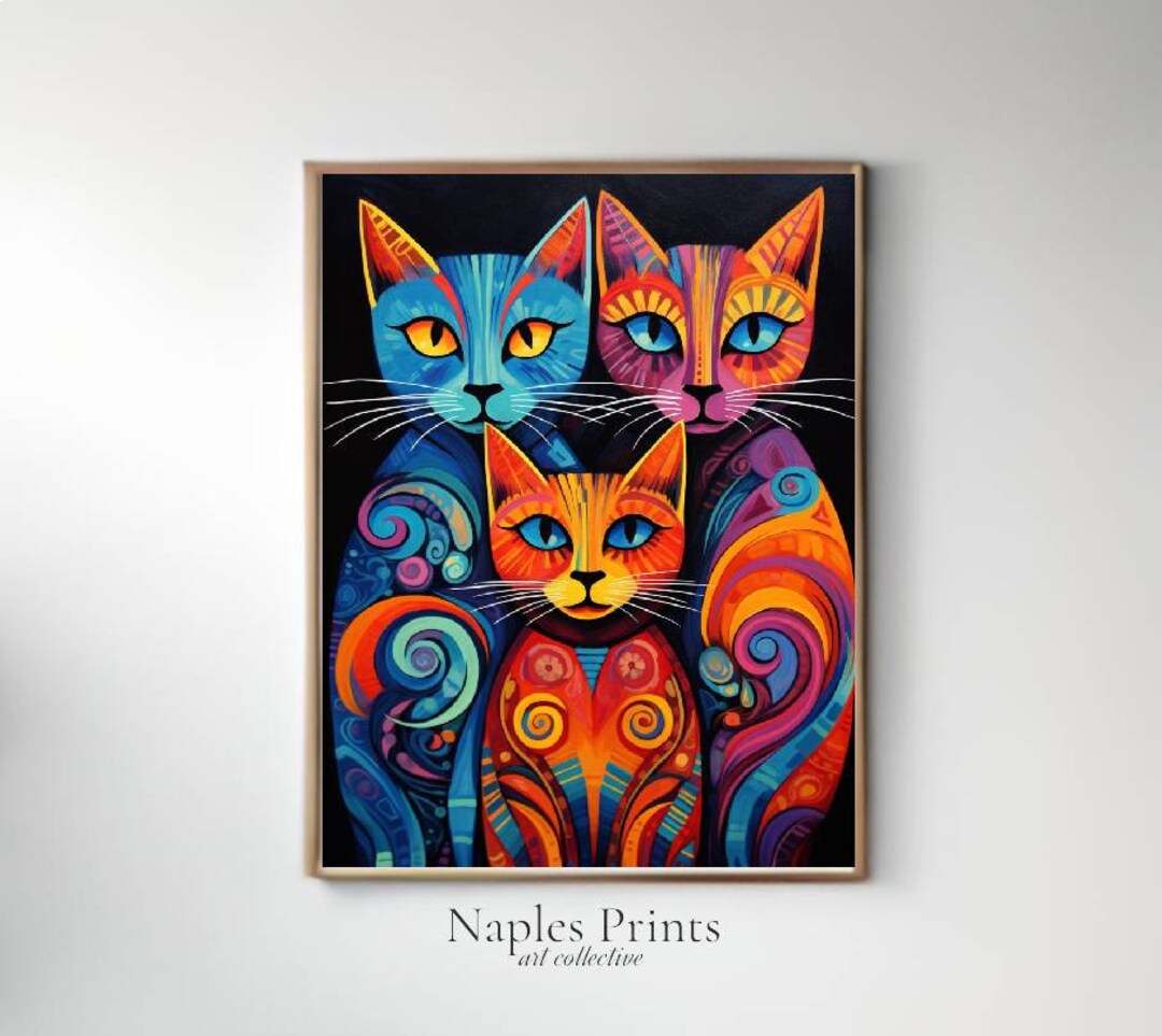 Colorful Cats, Stylized Abstract Cats, Digital Art Print, Wall Art ...
