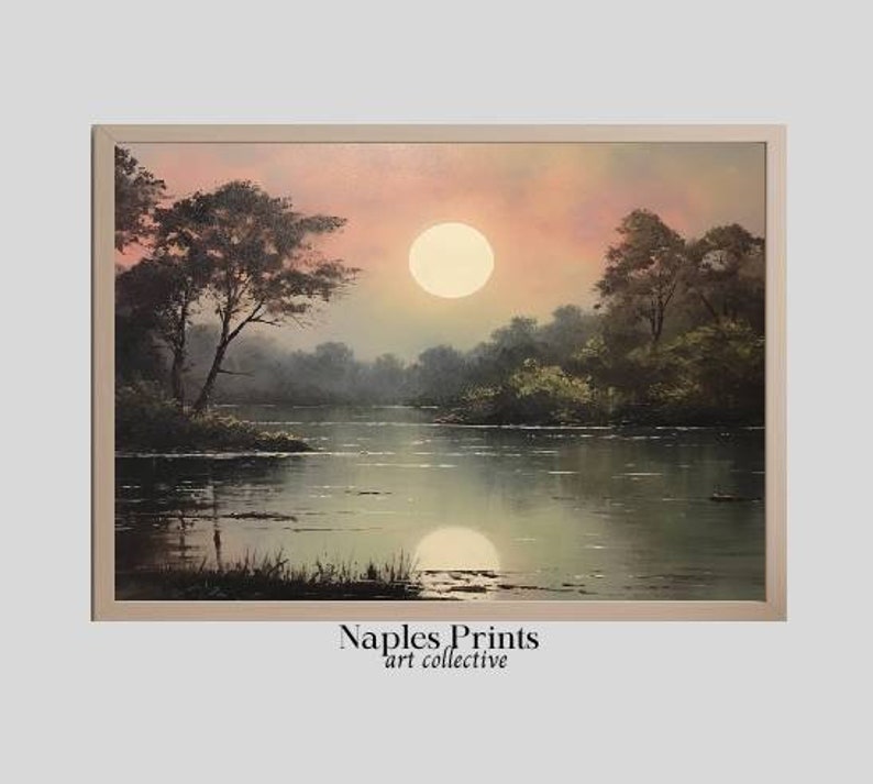 Dark Moody Lake Print, Moonlight Reflections, Night Forest, Vintage Lake Landscape, Vintage ...