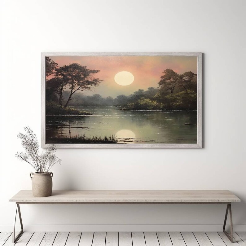 Dark Moody Lake Print, Moonlight Reflections, Night Forest, Vintage Lake Landscape, Vintage ...
