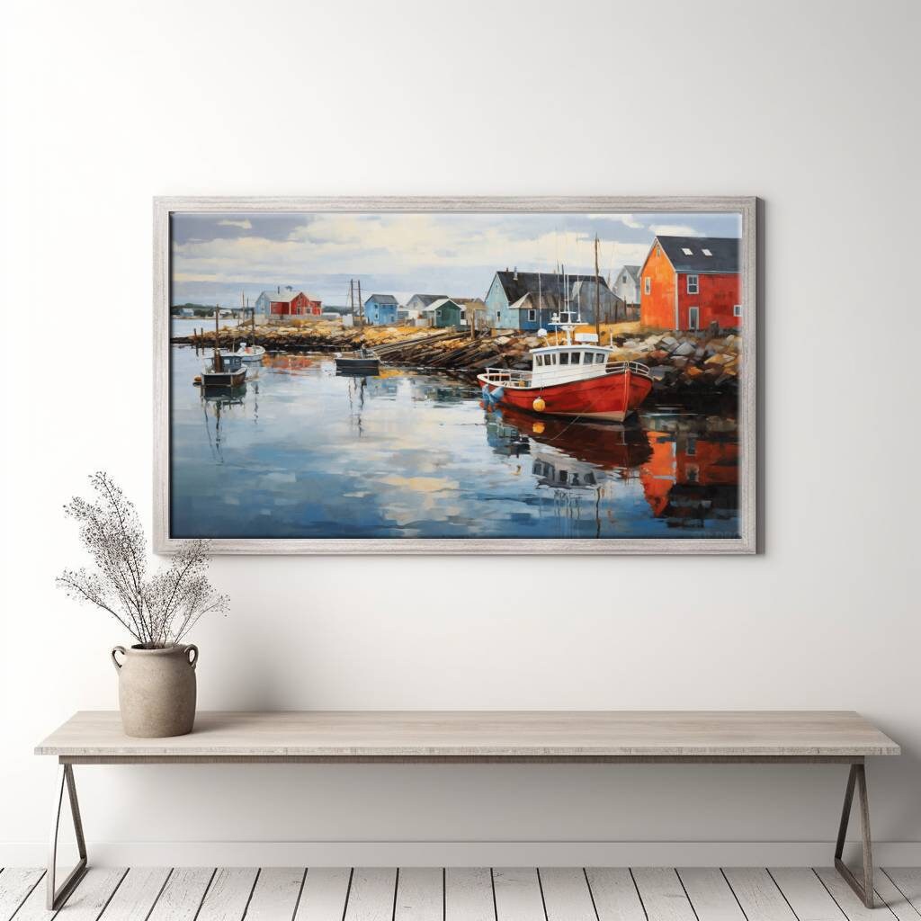 Rustic Fishing Village, With Boat, Fishing Town, Oil Painting, Coastal ...