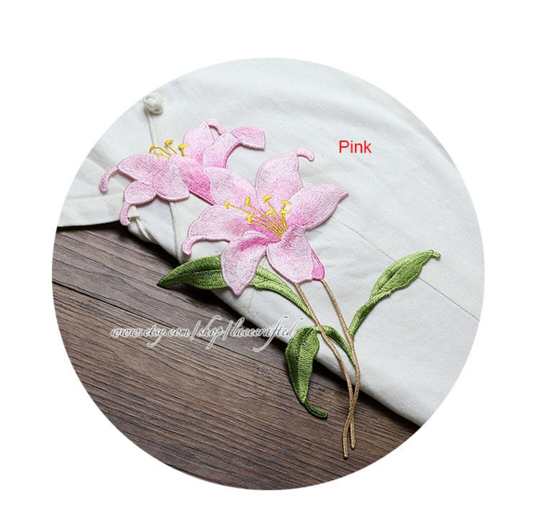 Pink Purple Red Lily Flower Lace Embroidery Trim Appliques Chic Flower ...
