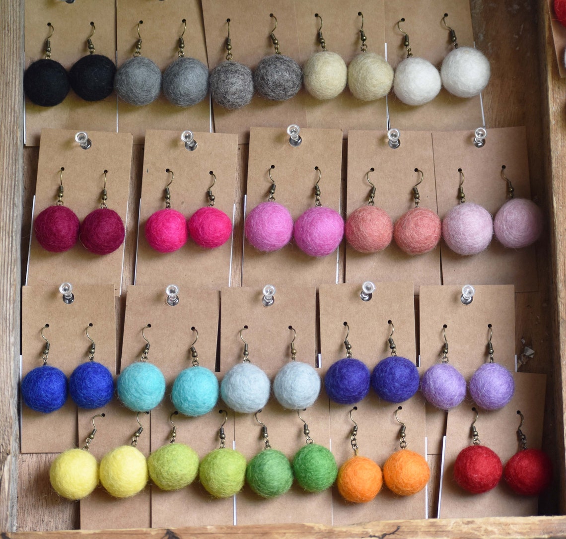 Felted Wool Ball Earrings, Chic & Gaudy Drop Style, 20 Brilliant Colors ...