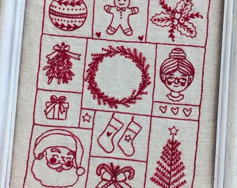 Three Trees Christmas Redwork Hanging Heart Primitive Stitchery Hand ...