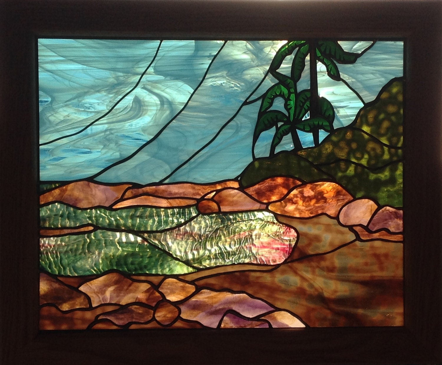 Hawaii Stained Glass Panel Seascape Palm Trees Ocean Etsy