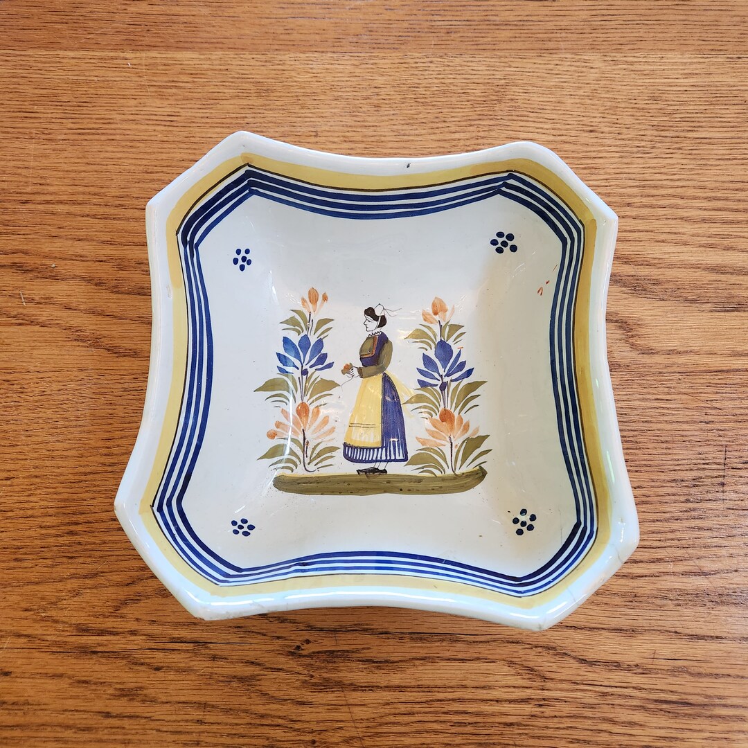 Vintage Quimper Breton Woman Square Scalloped Bowl French Faience - Etsy