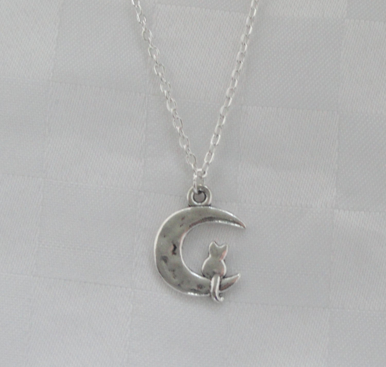 Cat on Moon Necklace Cute Cat Necklace Silver Cat Sitting on - Etsy