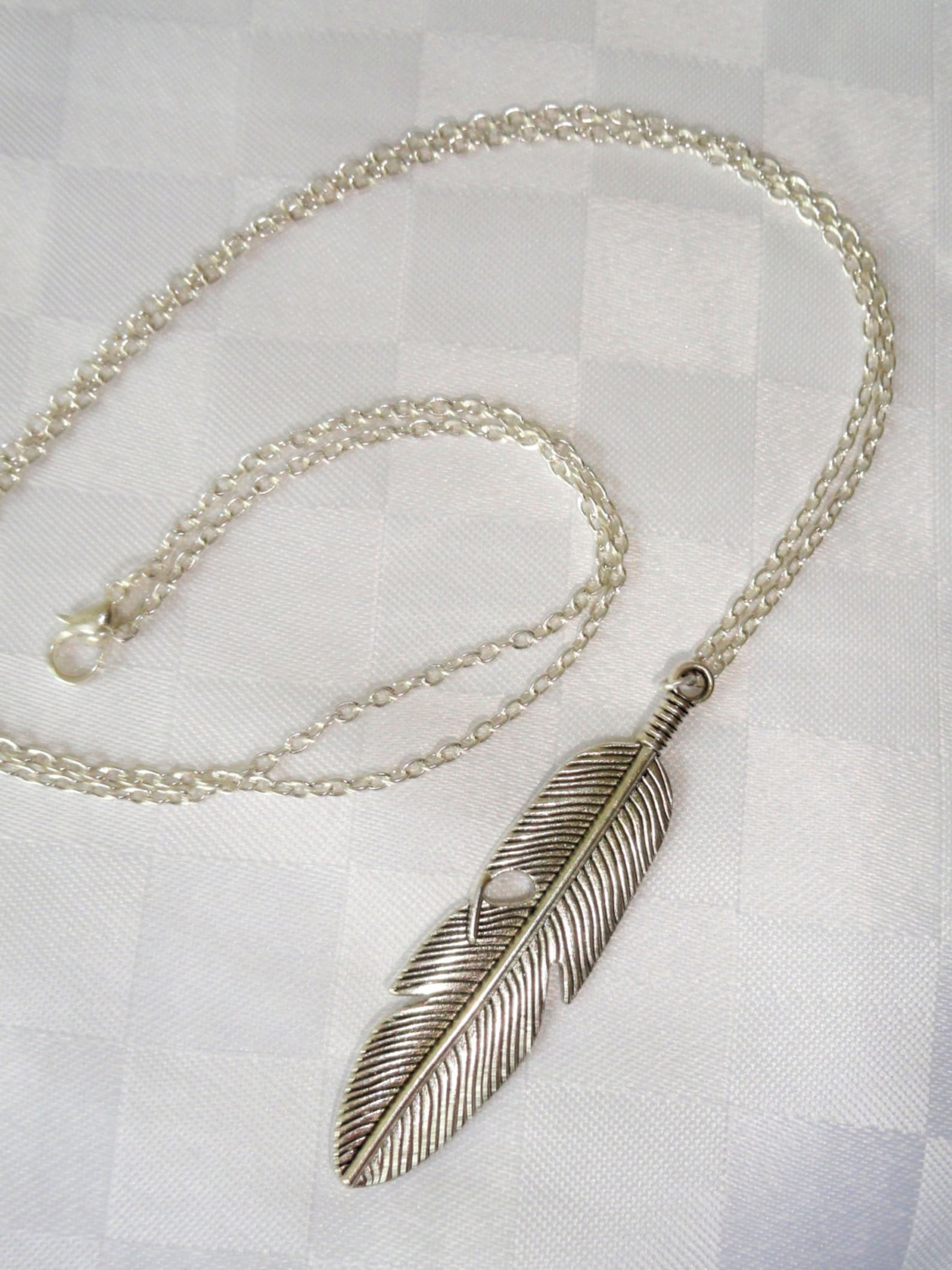 Silver Feather Necklace Silver Boho Necklace Long Silver | Etsy